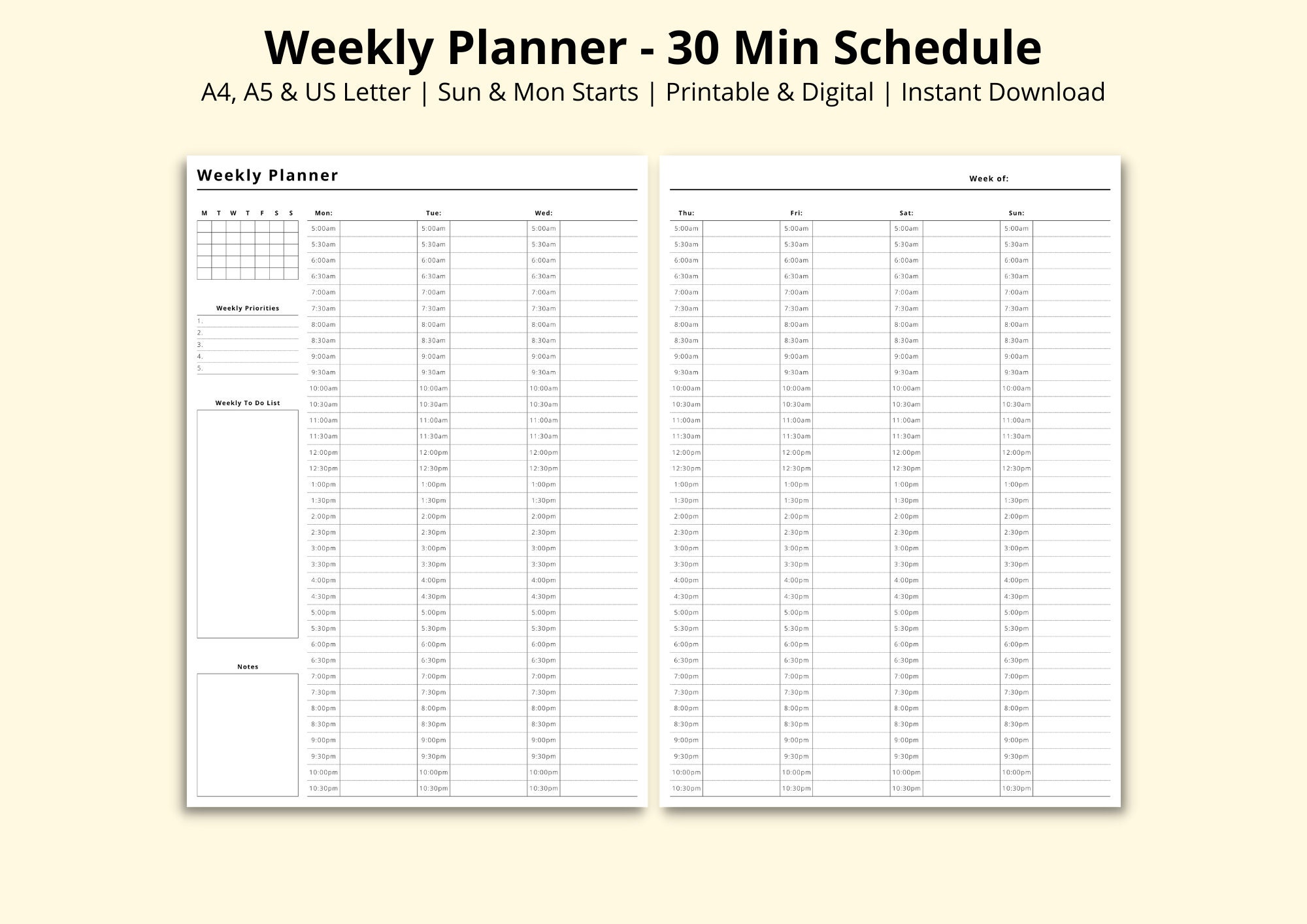 30 Minute Weekly Schedule, 7 Day Timetable Sheet, 30 Minute Time ...
