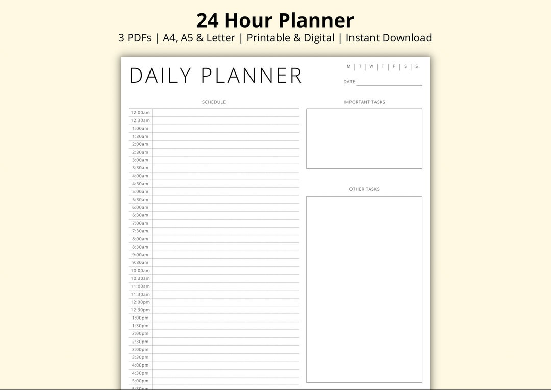 24 Hour Planner, Daily Planner, 30 Minute Schedule, Time Blocking PDF ...