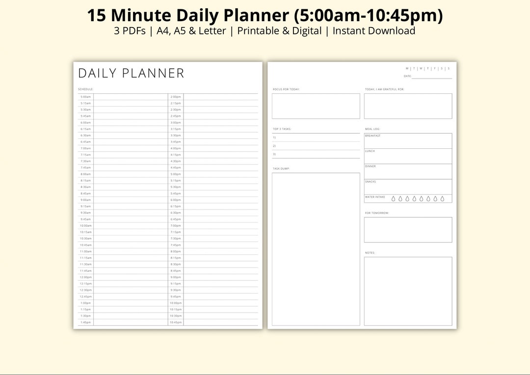15 Minute Daily Planner Printable, Time Blocking Template, Day on 2 ...