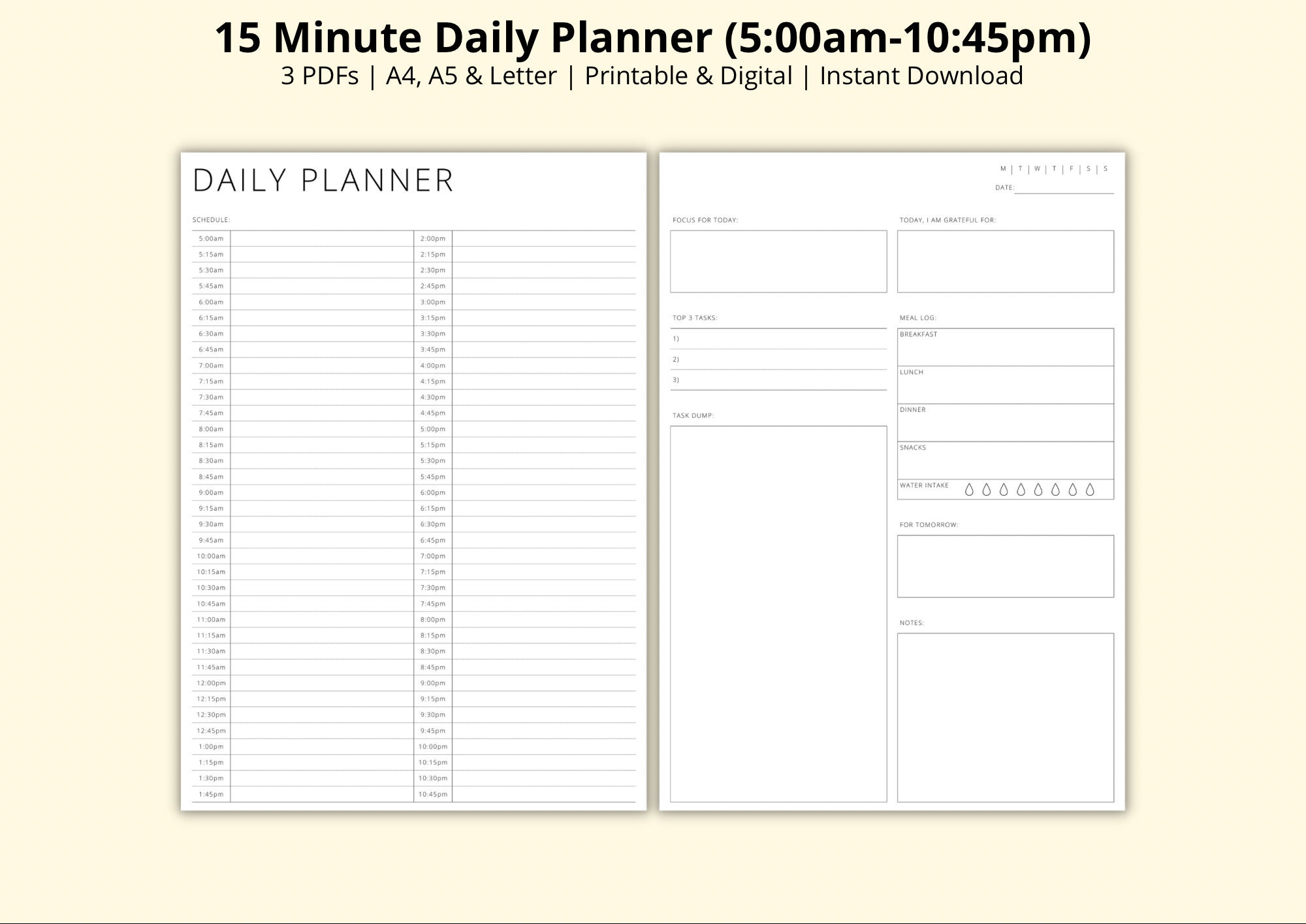 15 Minute Daily Planner Printable, Time Blocking Template, Day on 2 ...