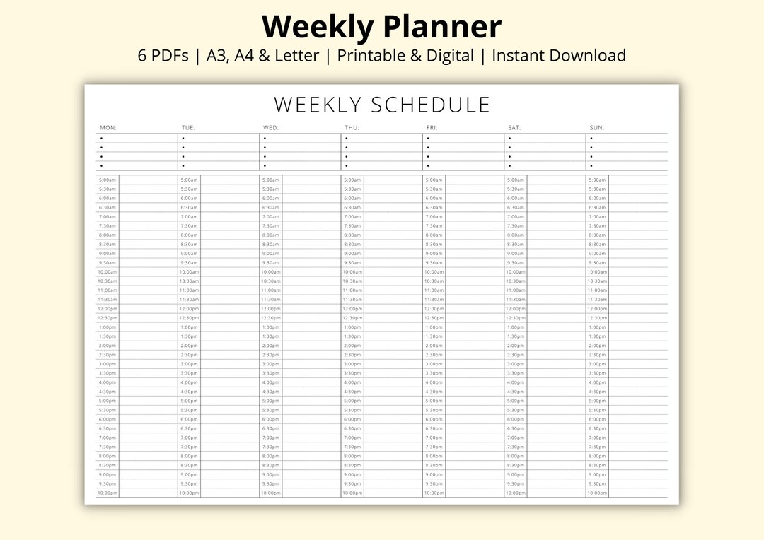 Weekly Planner, 7 Day Timetable Sheet, 30 Minute Time Blocking Schedule ...
