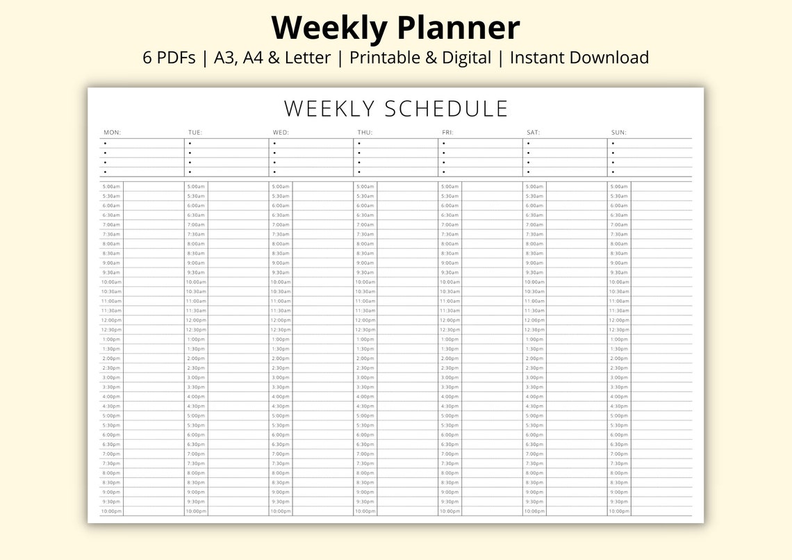 Weekly Planner, 7 Day Timetable Sheet, 30 Minute Time Blocking Schedule ...