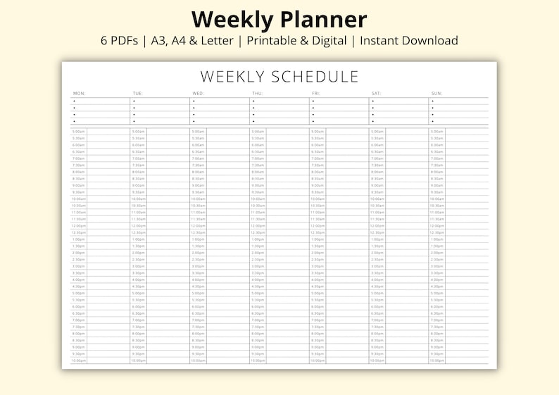 Weekly Planner, 7 Day Timetable Sheet, 30 Minute Time Blocking Schedule ...
