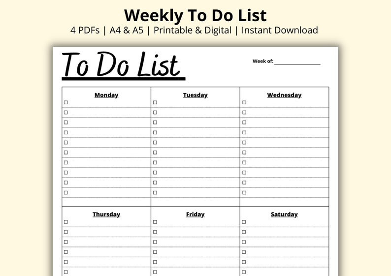Weekly to Do List Weekly Checklist Weekly Tasks Blank - Etsy