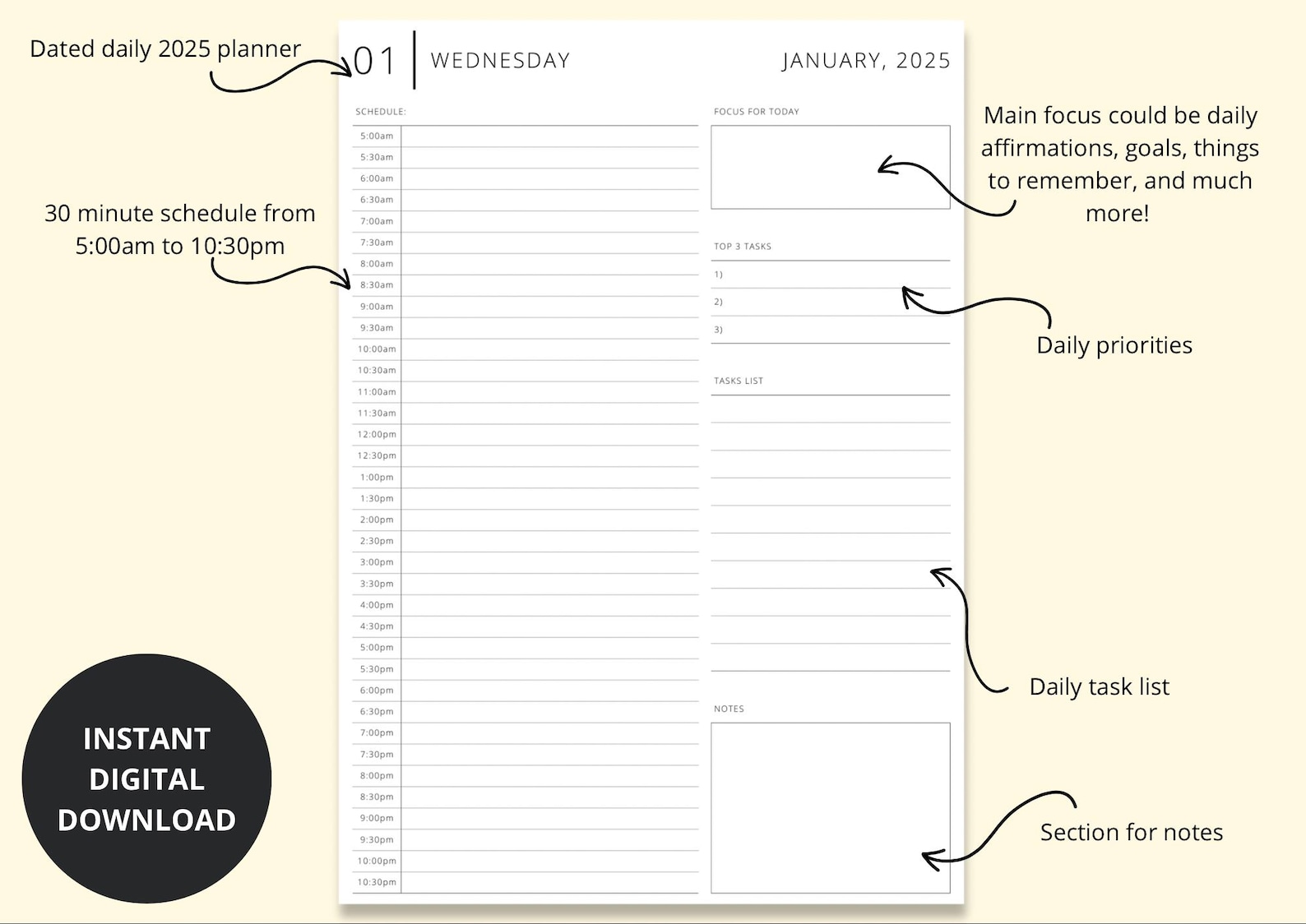 2025 Daily Planner, 2025 Calendar Printable, 30 Minute Time Blocking ...