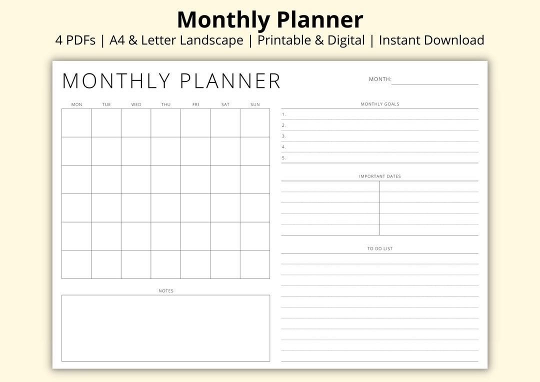 Monthly Planner, Calendar Template, Monthly Overview, Month at a Glance ...