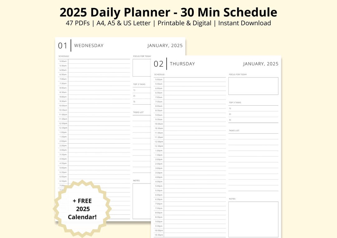 2025 Daily Planner, 2025 Calendar Printable, 30 Minute Time Blocking ...
