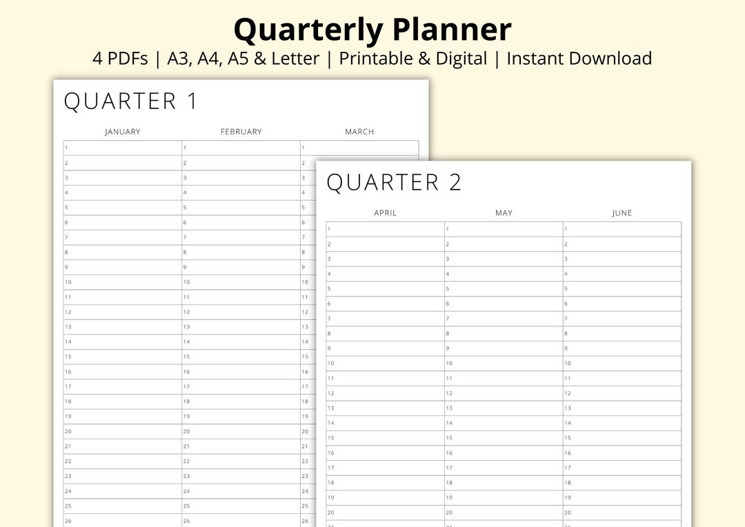 Quarterly Planner, Yearly Overview, Year at a Glance, Calendar Template ...