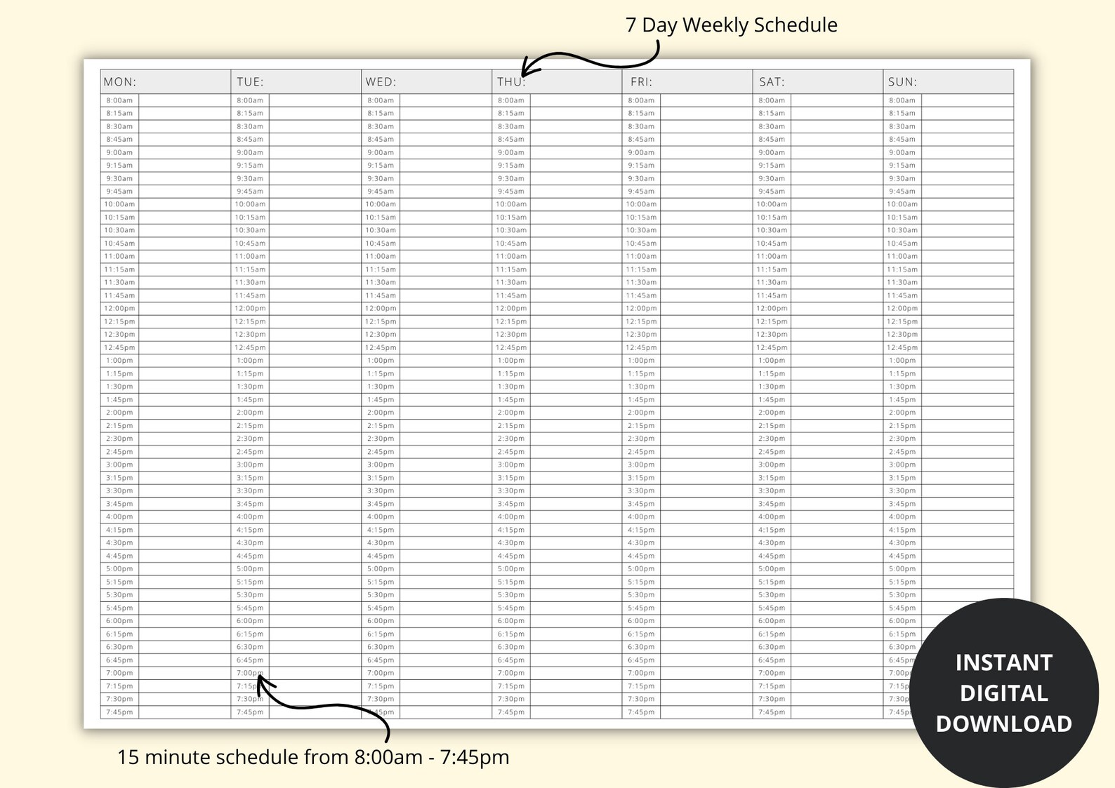 Appointment Book 15 Minute Increment, Weekly Planner Template, 7 Day ...