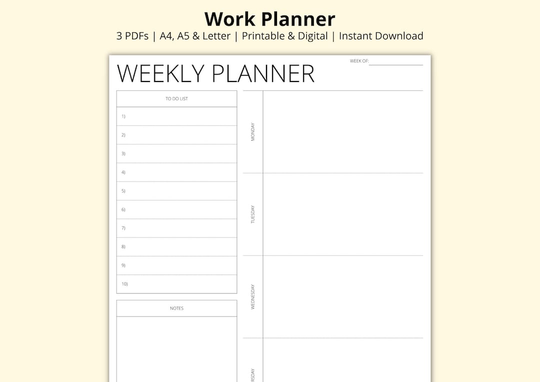 Work Planner, 5 Day Schedule, Office Planner, Work From Home Planner ...