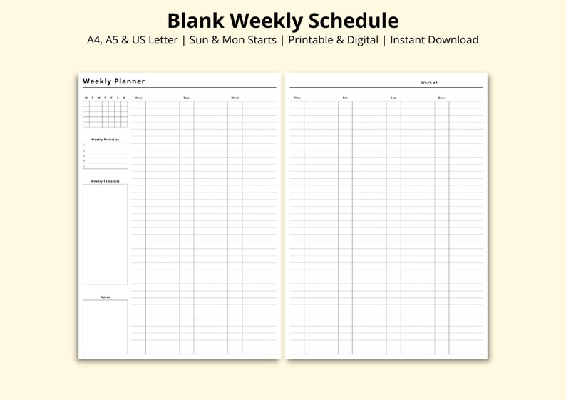 Blank Weekly Schedule, Time Block PDF, 7 Day Timetable Sheet, Wo2p ...