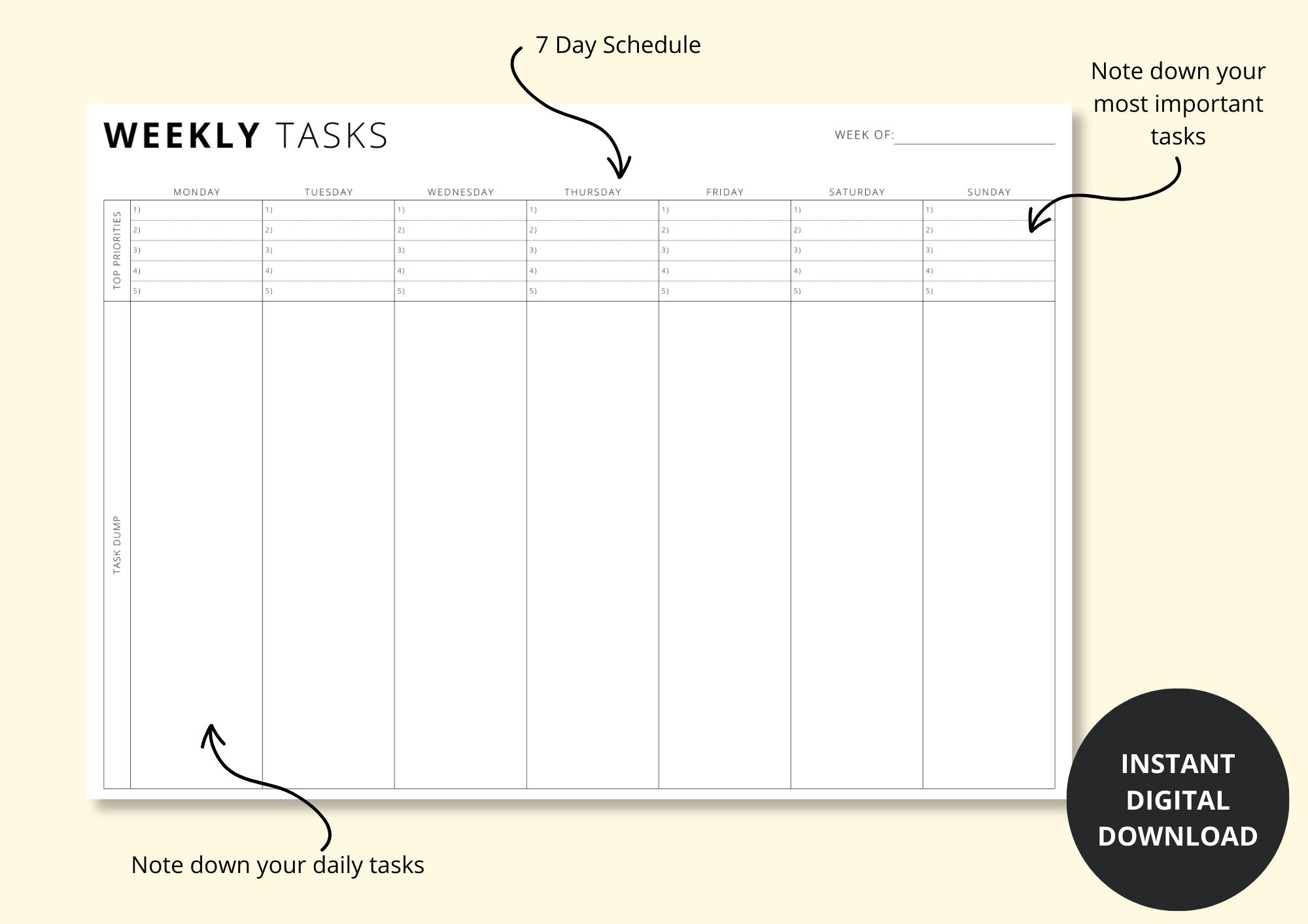 Weekly Tasks Planner, 7 Day Planner Template, WO1P, Weekly Overview ...