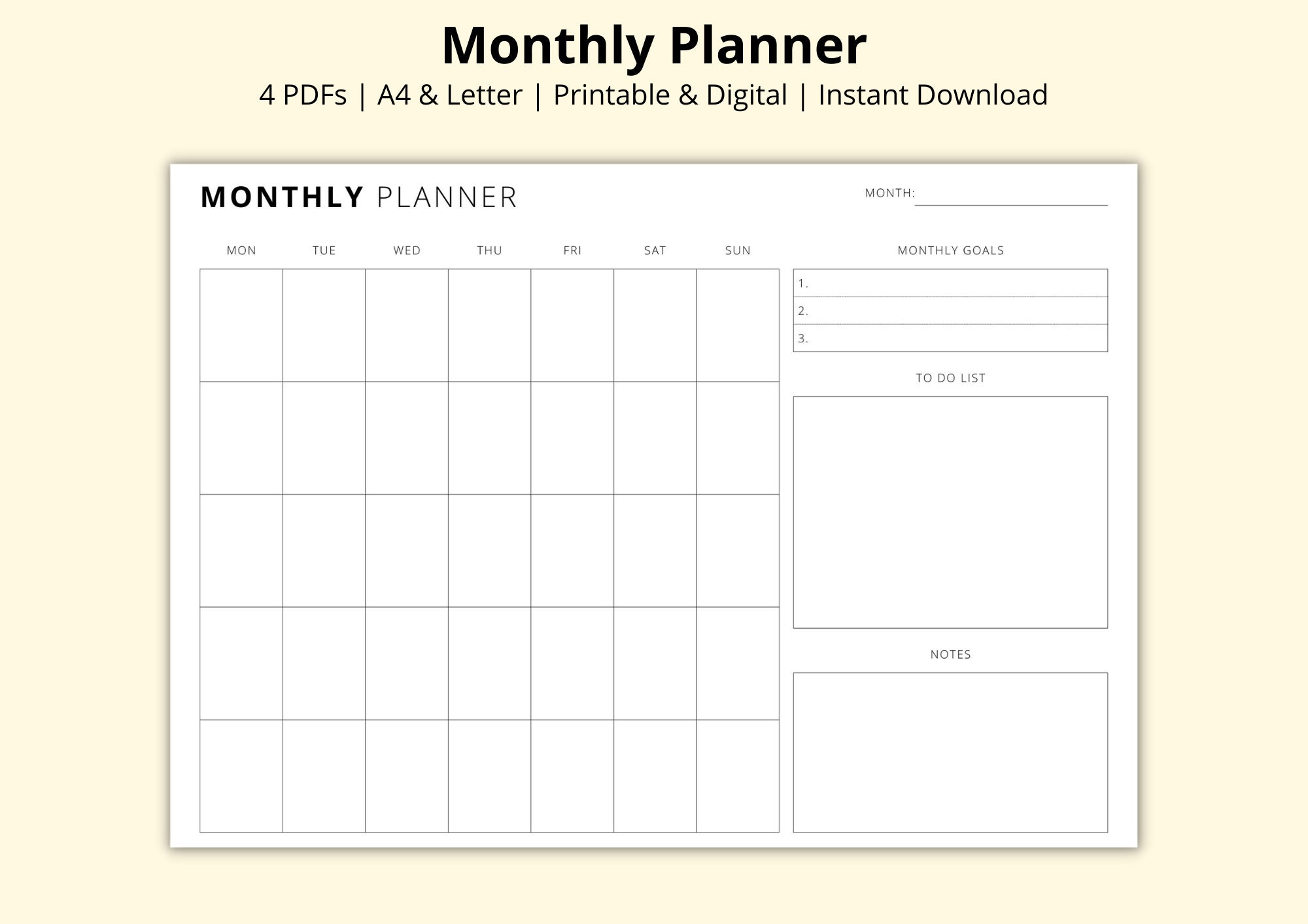 Monthly Planner, Blank Calendar Template, Month Overview, Month at a ...