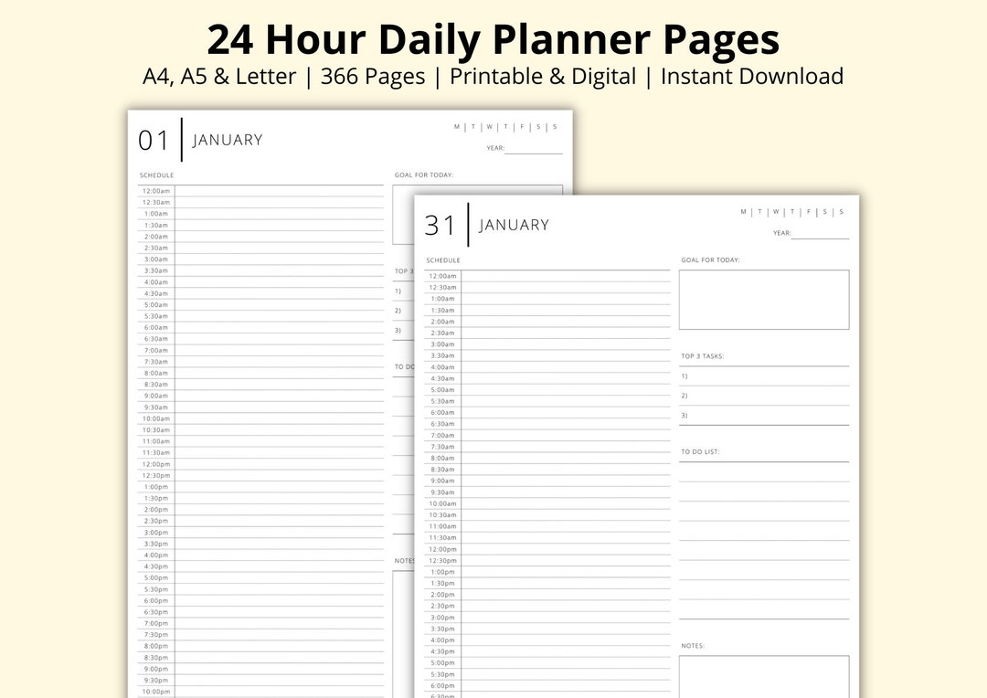 24 Hour Daily Planner Pages, 365 Planner, 30 Minute Schedule, Time ...