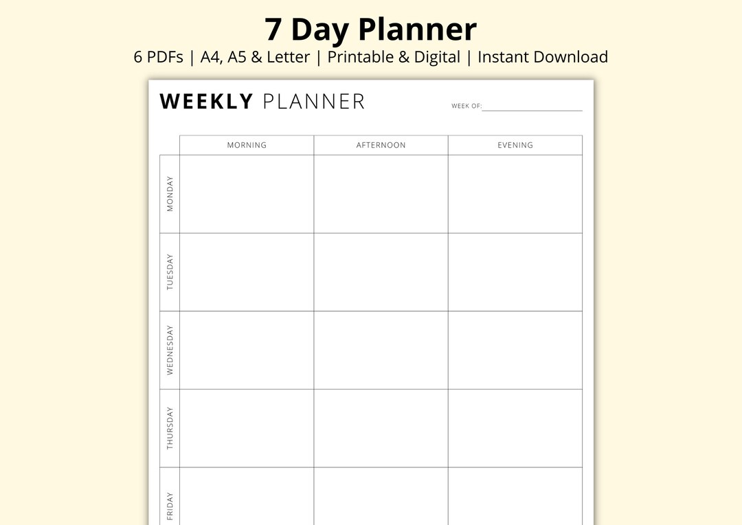 7 Day Planner, Week at a Glance, Weekly Planner Template, Weekly ...