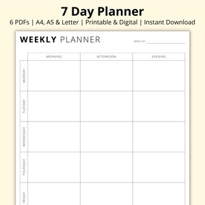 7 Day Planner, Week at a Glance, Weekly Planner Template, Weekly ...