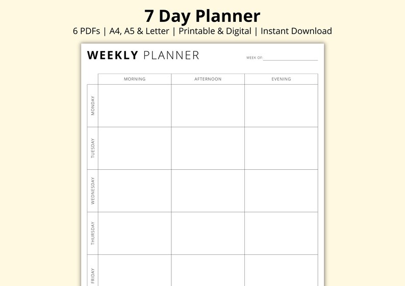 7 Day Planner, Week at a Glance, Weekly Planner Template, Weekly ...