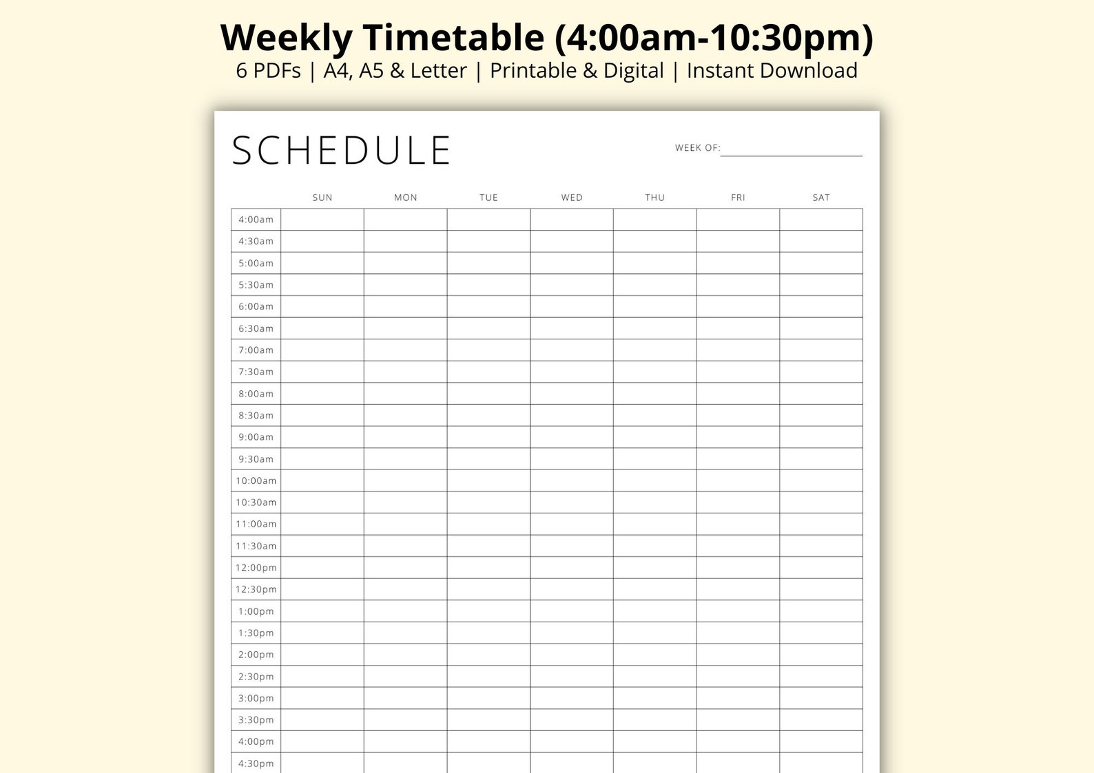 Weekly Timetable, 30 Minute Interval Planner Template, Appointment ...