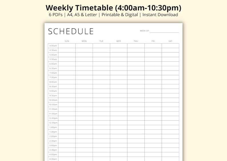 Weekly Timetable, 30 Minute Interval Planner Template, Appointment ...