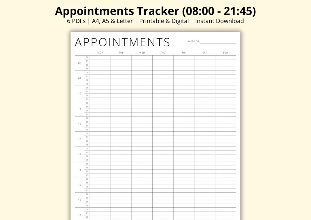 Appointments Tracker, 15 Minute Appointment Book PDF, Appointment Sheet ...