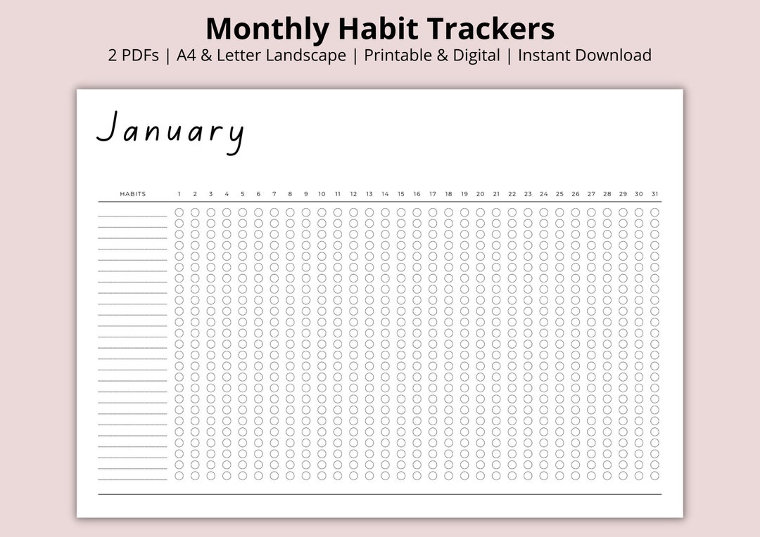 Monthly Habit Tracker, Goal Tracker Template, 30 Day Challenge, 12 ...