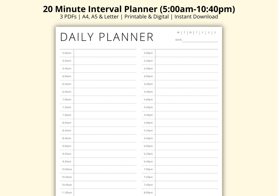 20 Minute Interval Planner, Time Blocking Planner, Appointment Tracker, Daily Schedule, Daily ...