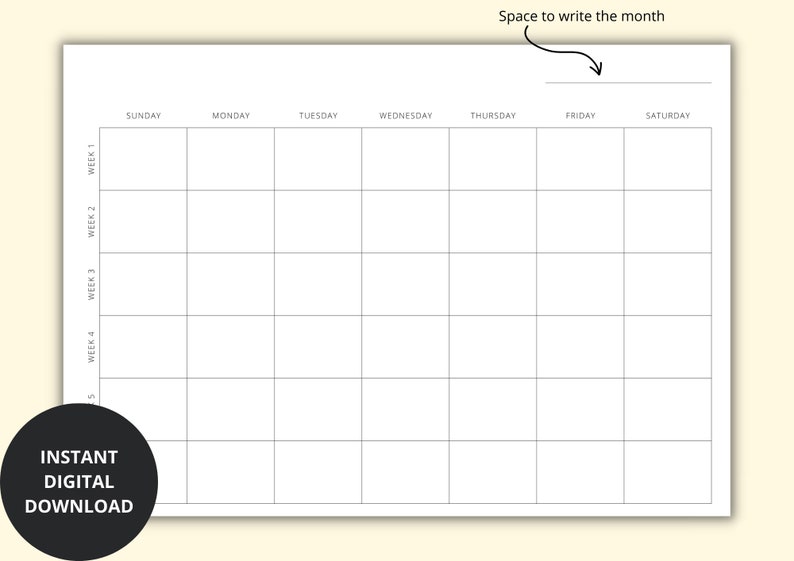 Monthly Calendar Template, Blank Calendar Page, Undated Monthly Planner ...