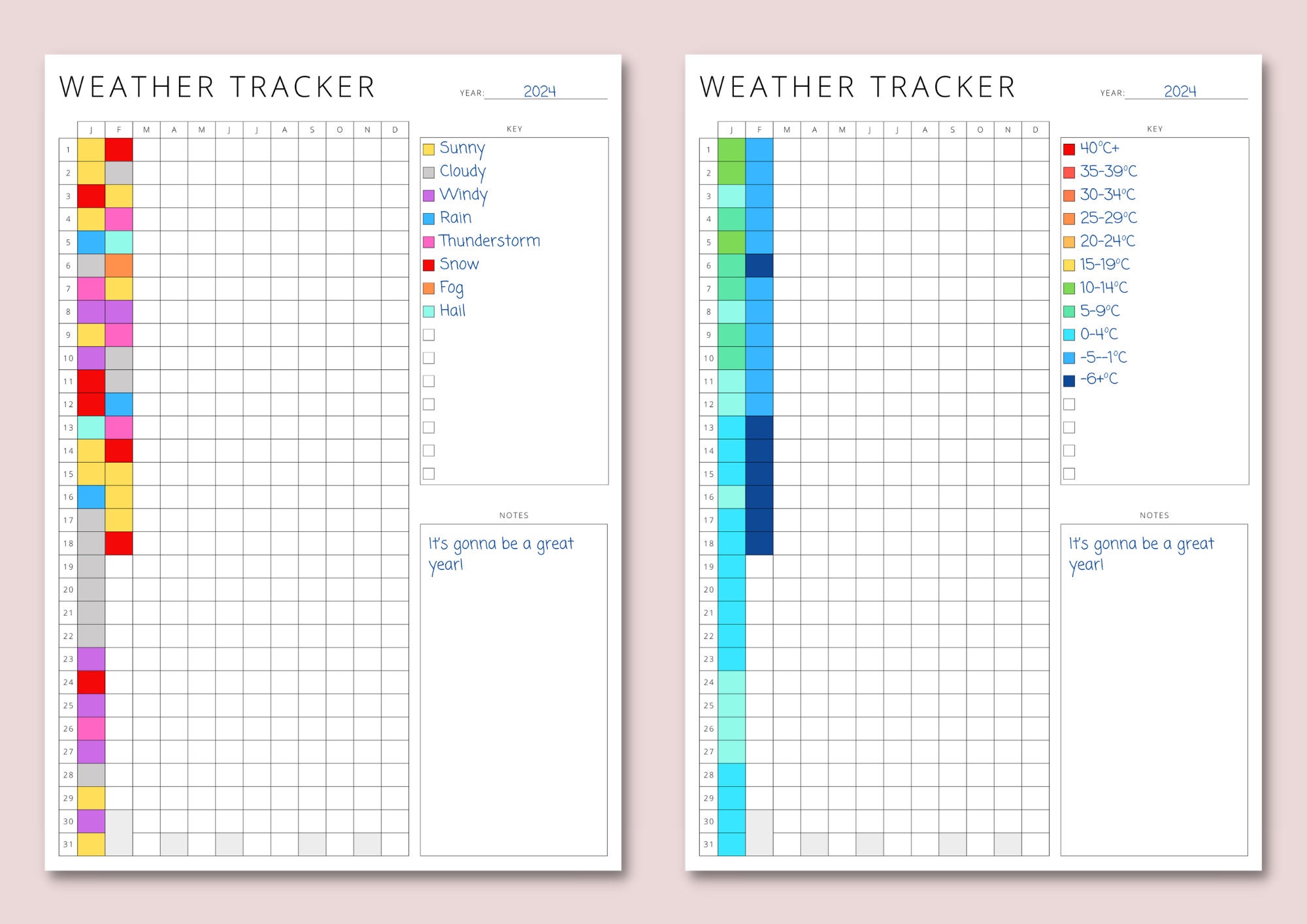 Weather Tracker, Temperature Tracker Sheet, Yearly Pixels Tracker ...