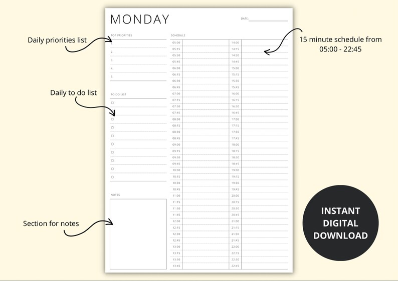 15 Minute Planner, 7 Day Time Blocking Planner, Daily Schedule Template ...