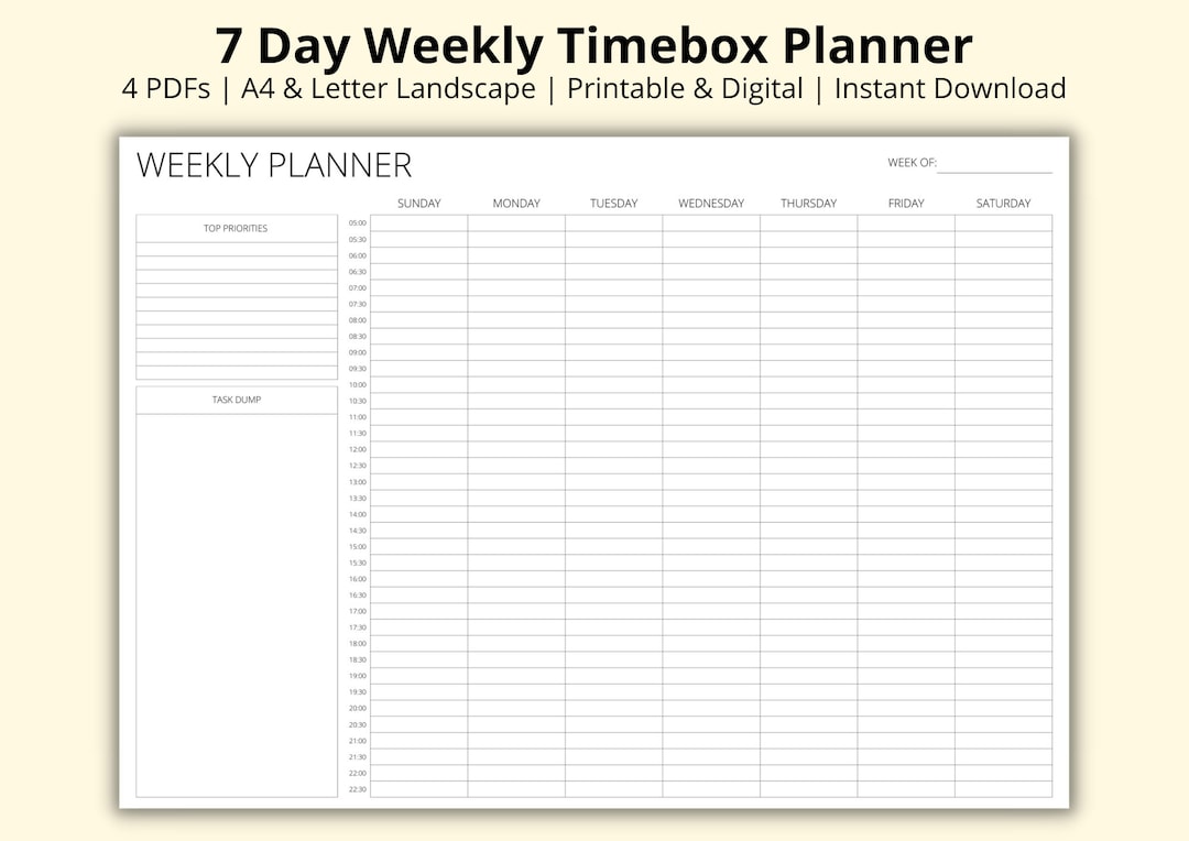 7 Day Weekly Timebox Planner, Weekly Time Block, Week at a Glance ...