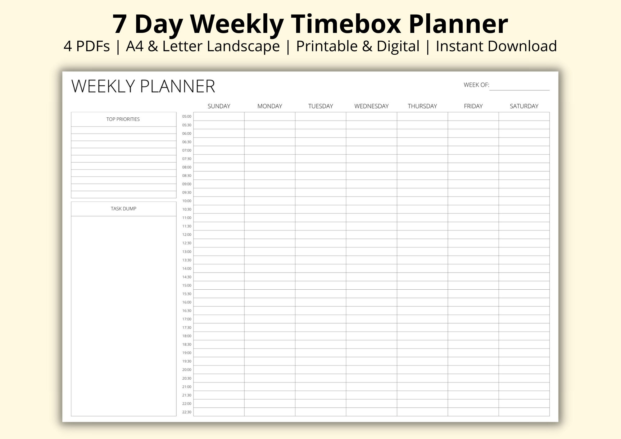 7 Day Weekly Timebox Planner, Weekly Time Block, Week at a Glance ...