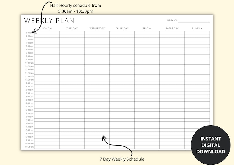 Weekly Time Block Planner, 7 Day Plan, 30 Minute Increments, Week at a ...