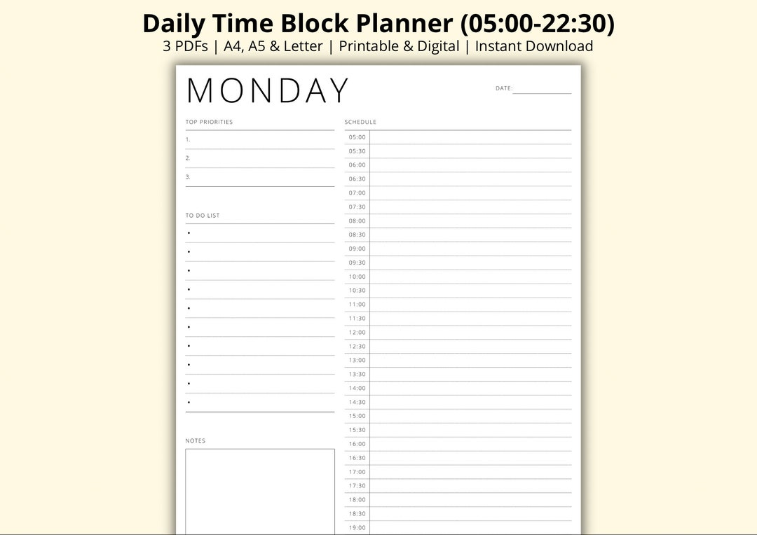 Daily Time Block Planner, 7 Day Planner Template, 30 Minute Day ...
