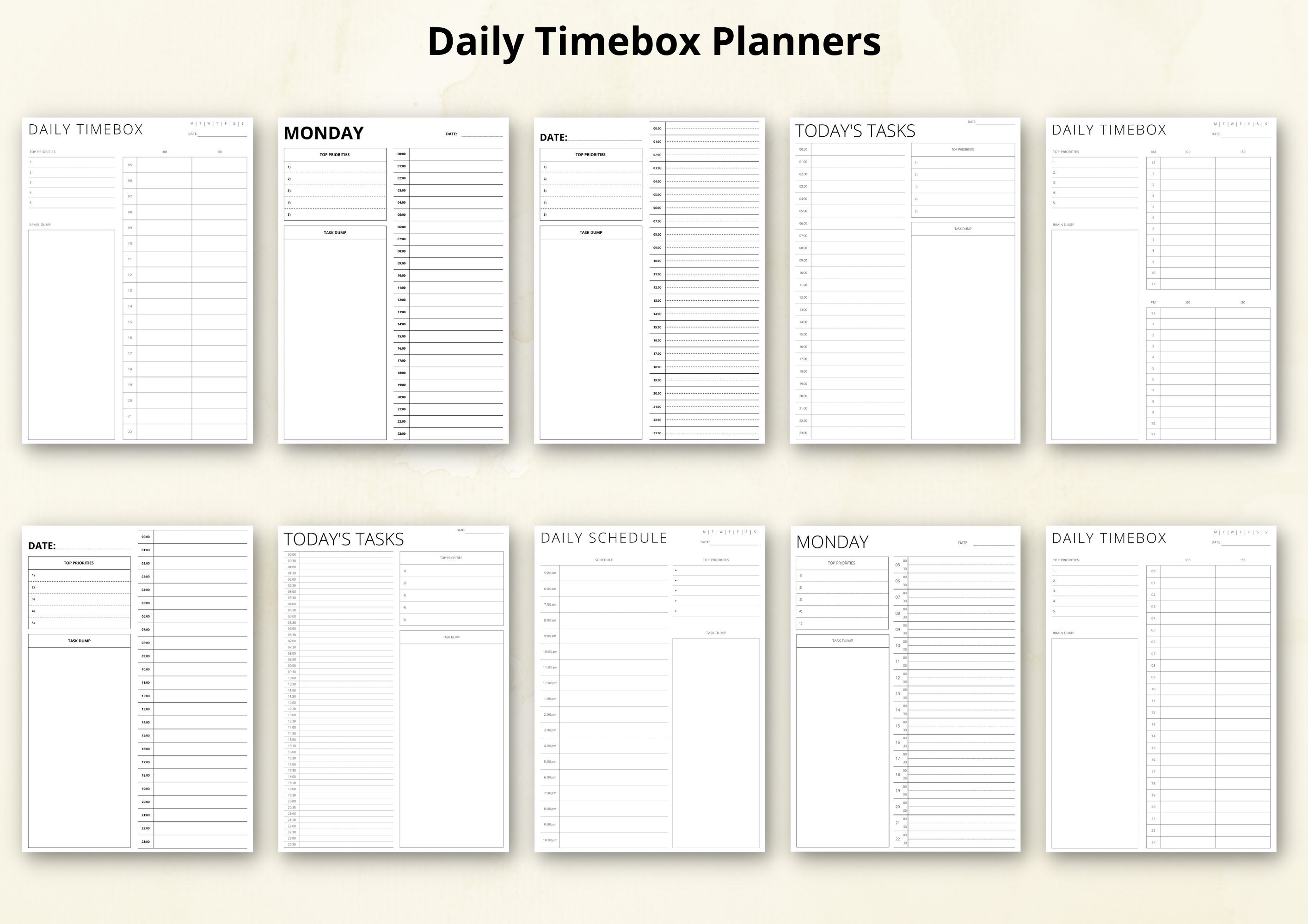 Timebox Planner Bundle - Time Boxing Templates, Brain Dump, Daily ...
