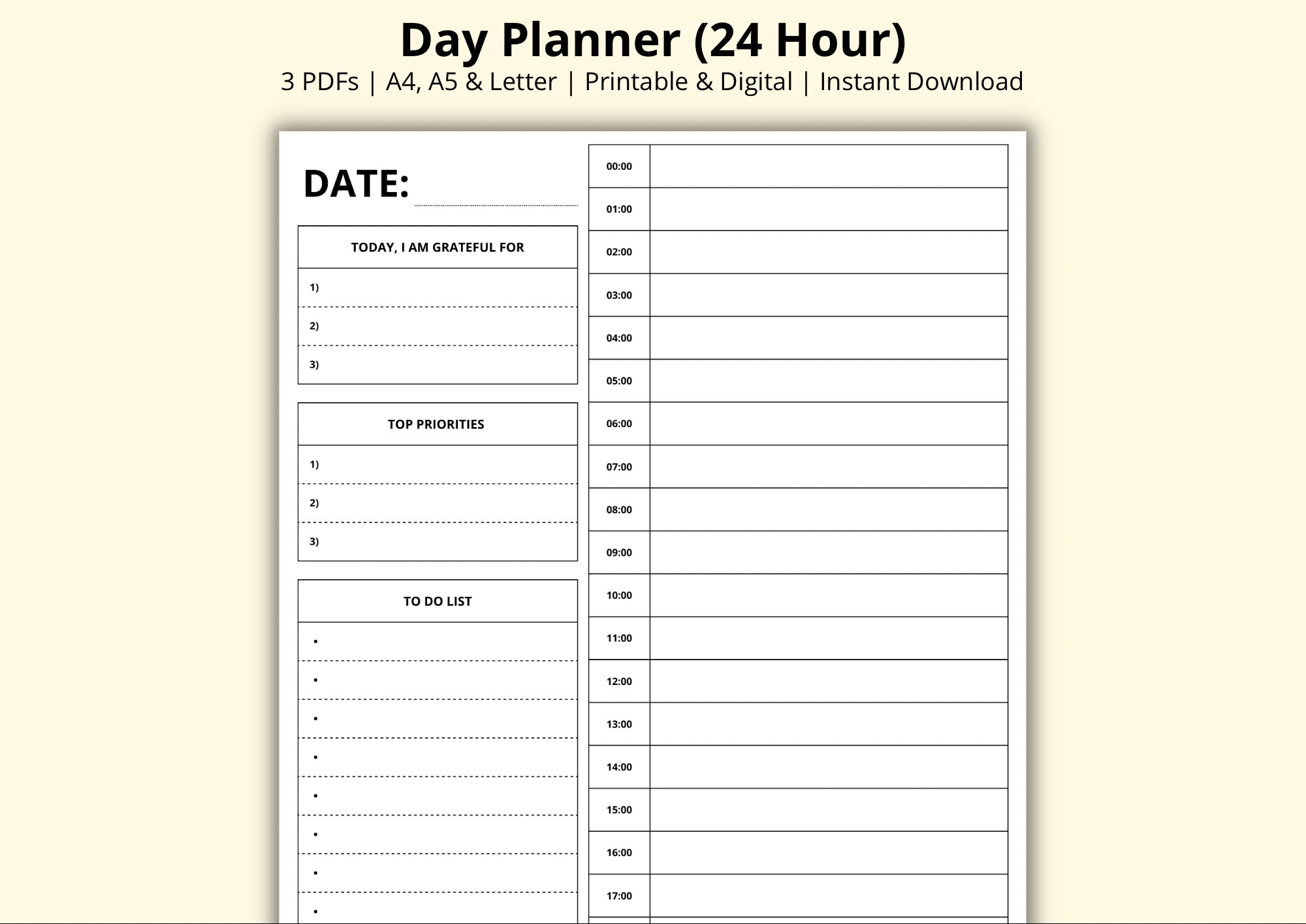 Day Planner, 24 Hour Schedule, Daily Planner Template, 60 Minute ...