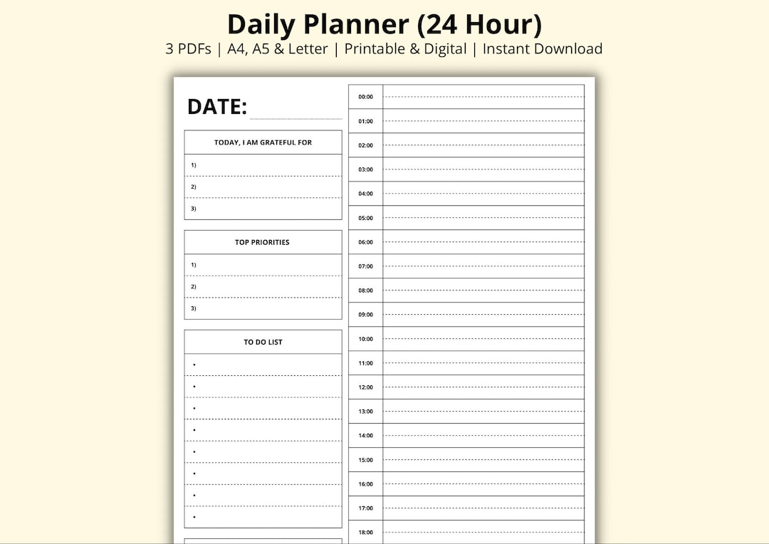 Daily Planner, Half Hourly Schedule, 24 Hour Planner Template, Daily to ...