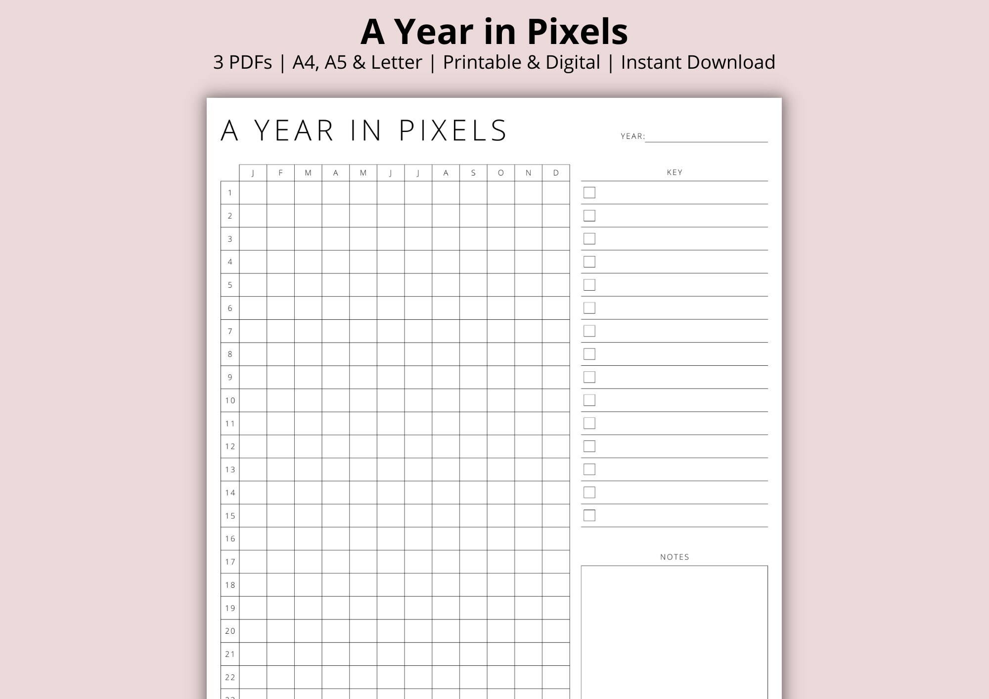 A Year in Pixels, Yearly Mood Tracker PDF, Habit Tracker Sheet, Yearly ...