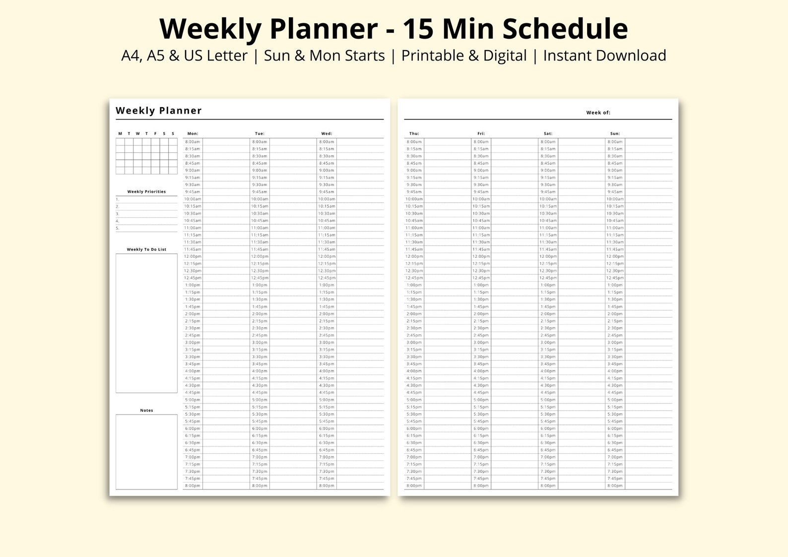 15 Minute Weekly Schedule, Time Blocking PDF, 7 Day Planner, Revision ...