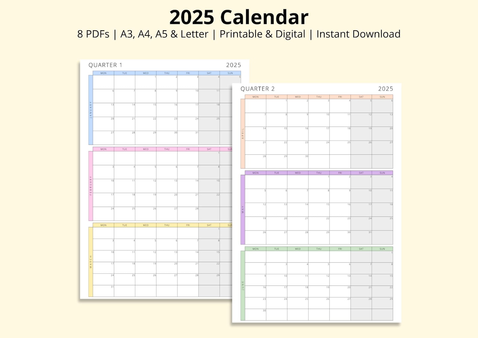 2025 Calendar, 3 Months per Page, Quarterly Planner, 12 Month Calendar ...