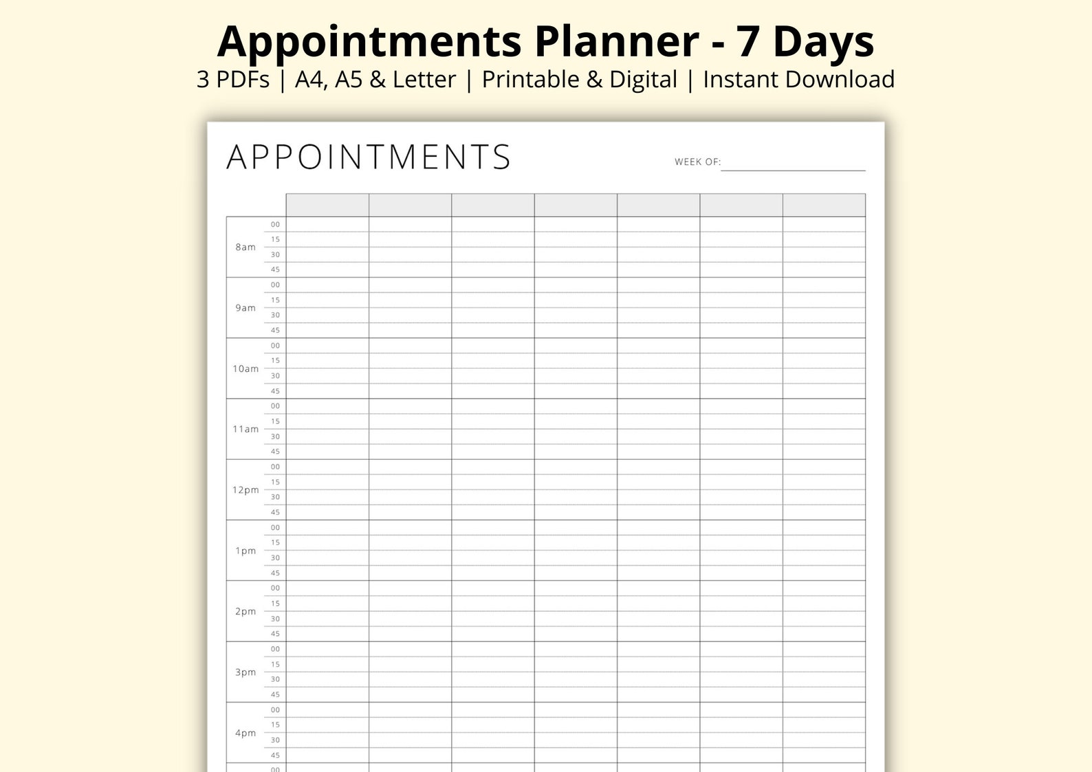 Appointment Planner, 15 Minute Planner, 7 Day Weekly Schedule ...
