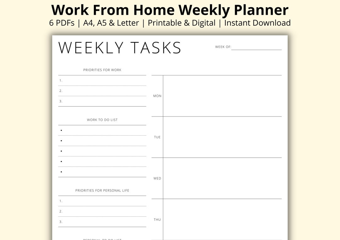 Work From Home Weekly Planner Template, Work Schedule, Week at a Glance ...
