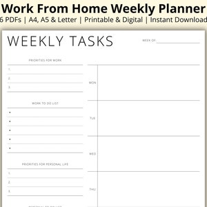 Work From Home Weekly Planner Template, Work Schedule, Week at a Glance ...