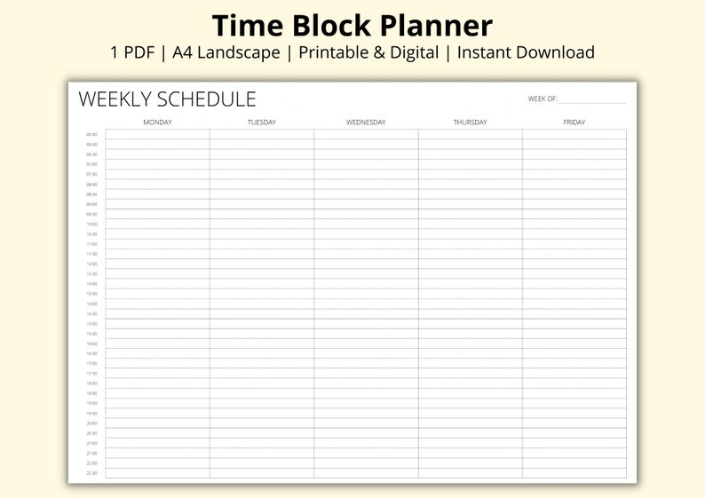 Time Block Planner Printable Weekly Planner 5 Day Planner - Etsy