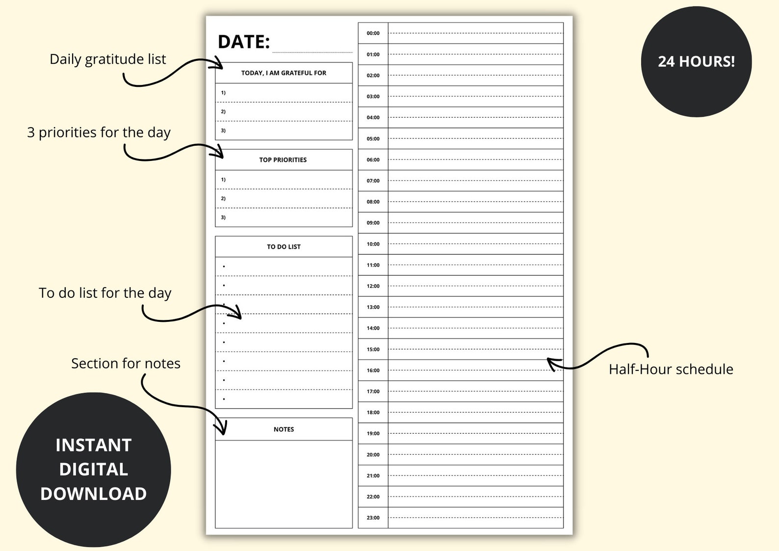 Daily Planner, Half Hourly Schedule, 24 Hour Planner Template, Daily to ...