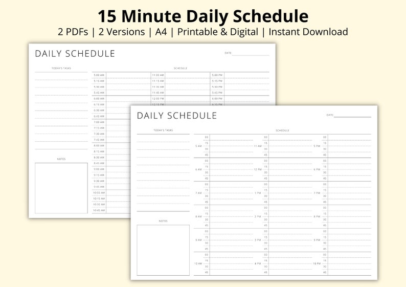 15 Minute Daily Schedule Printable Timetable Sheet Day - Etsy