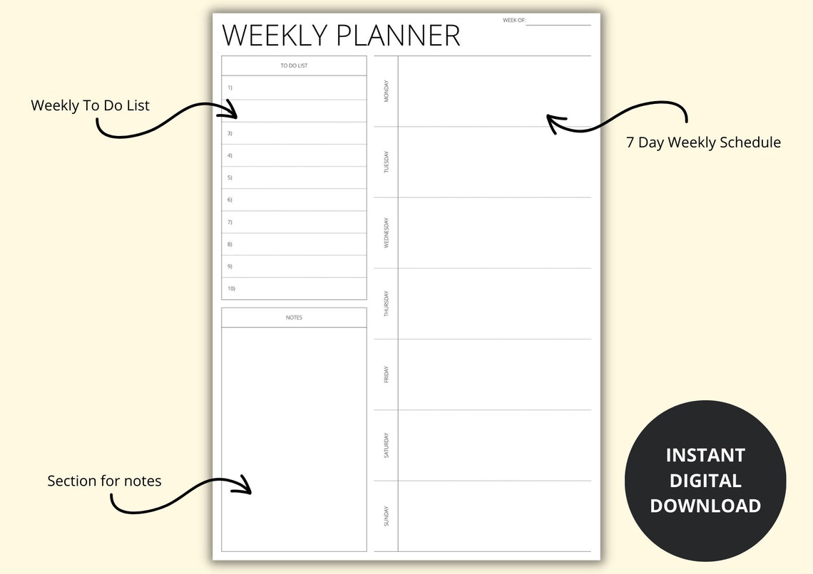 Weekly Schedule, Blank 7 Day Planner PDF, Weekly Overview, Week at a ...