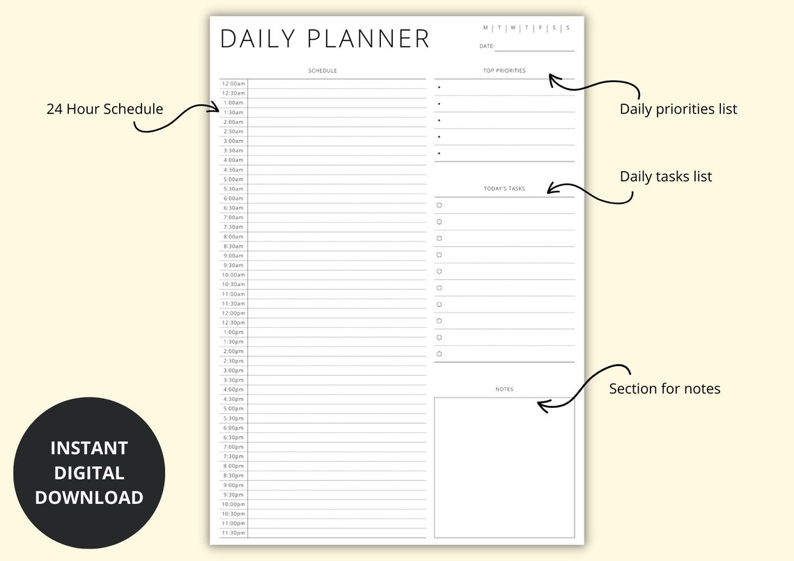 24 Hour Daily Planner, 30 Minute Increment, Hourly Time Blocking PDF ...