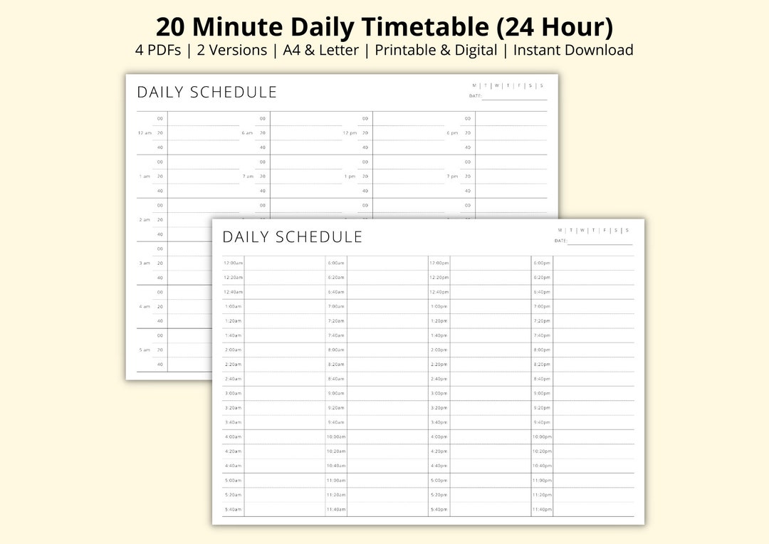 20 Minute Daily Timetable Sheet, 24 Hour Planner, Appointment Book ...
