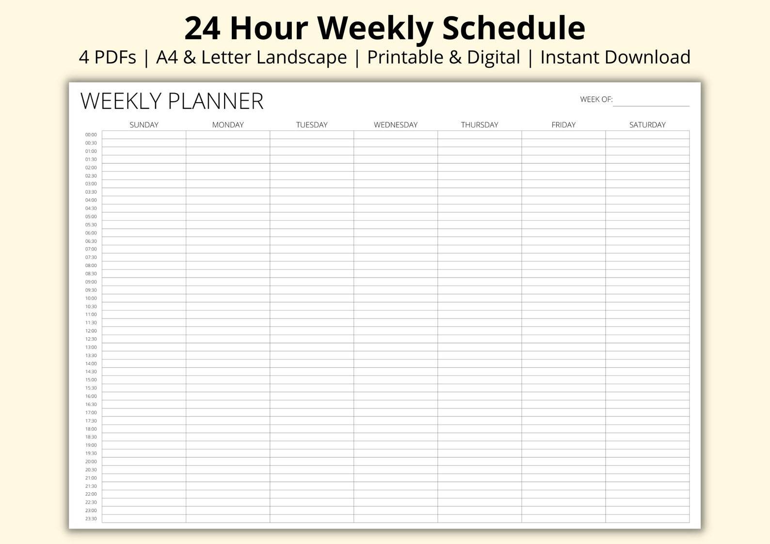 24 Hour Weekly Schedule, Week at a Glance, Weekly Time Blocking Planner ...
