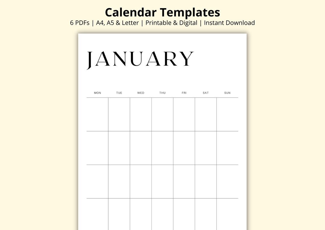 Calendar Template, Blank Monthly Planner, Undated Monthly Overview, 12 ...